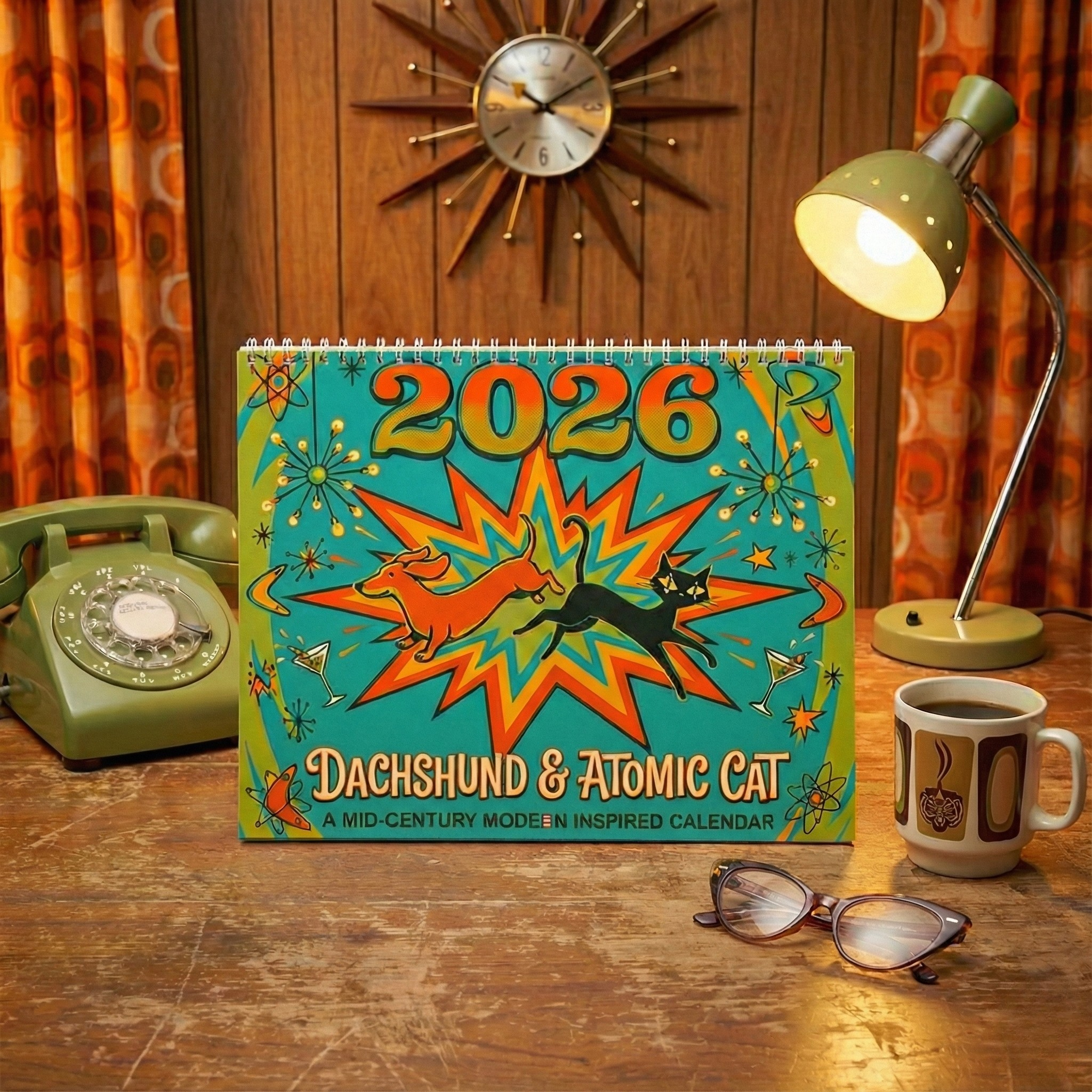 Mid Century Modern Dachshund & Atomic Cat Wall Calendar 2026 – Retro Layers